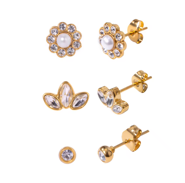 3 Earring Set - Semi Flower Zirconia – Dimplery